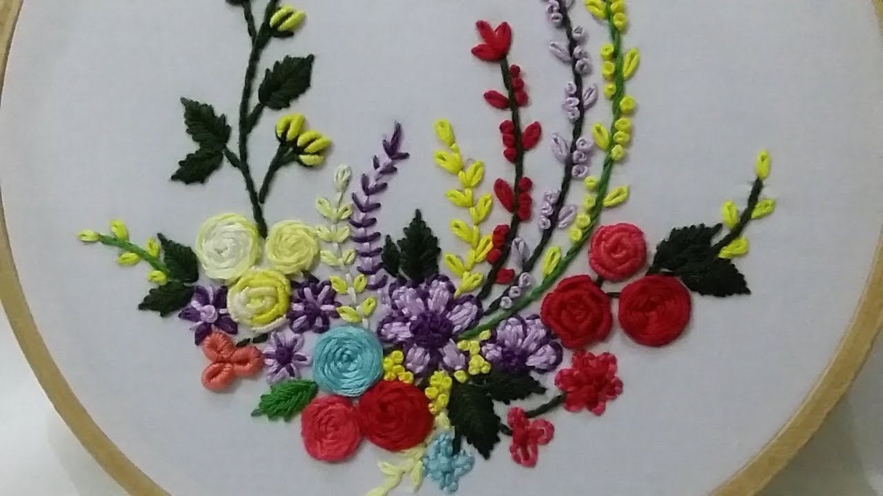 Hand embroidery of different type of flowers with multiple stitches ...