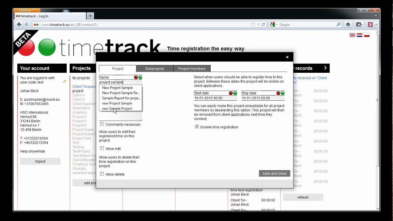 How to create a project and add users to a project in a timetrack application - YouTube