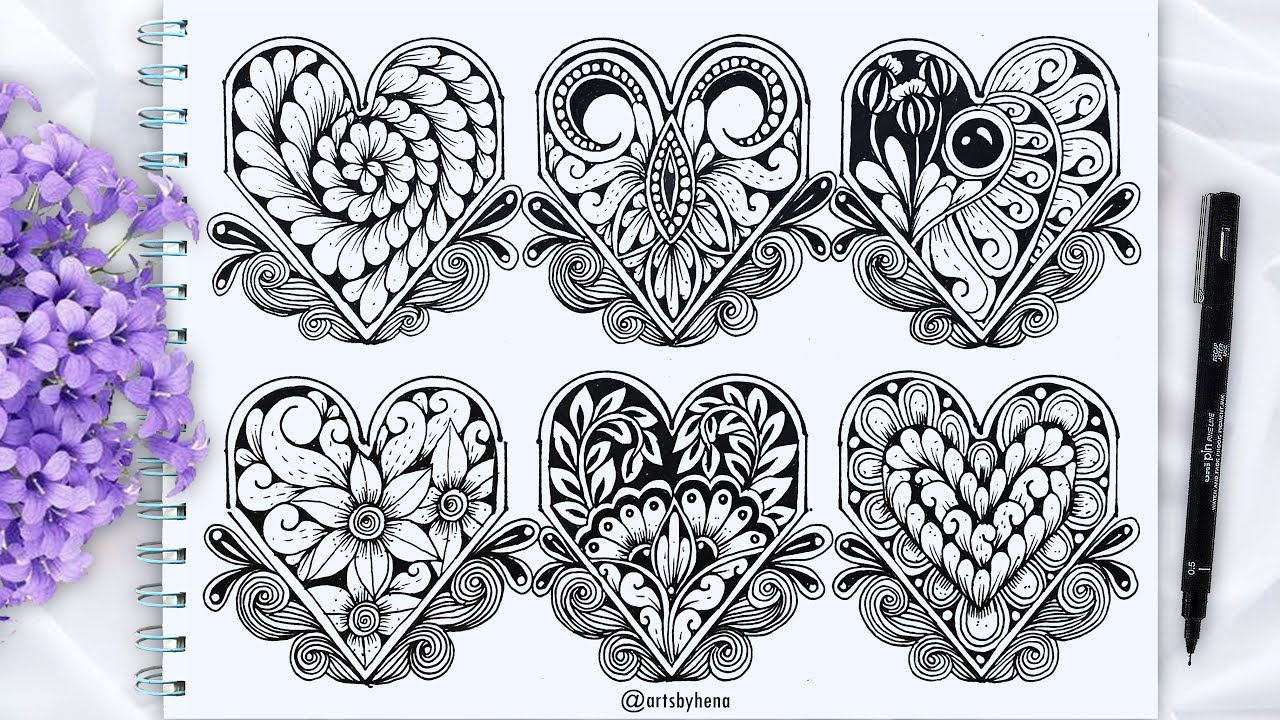 6 Zentangle Hearts ideas | How To Draw zentangle Heart | Zentangle Art ...