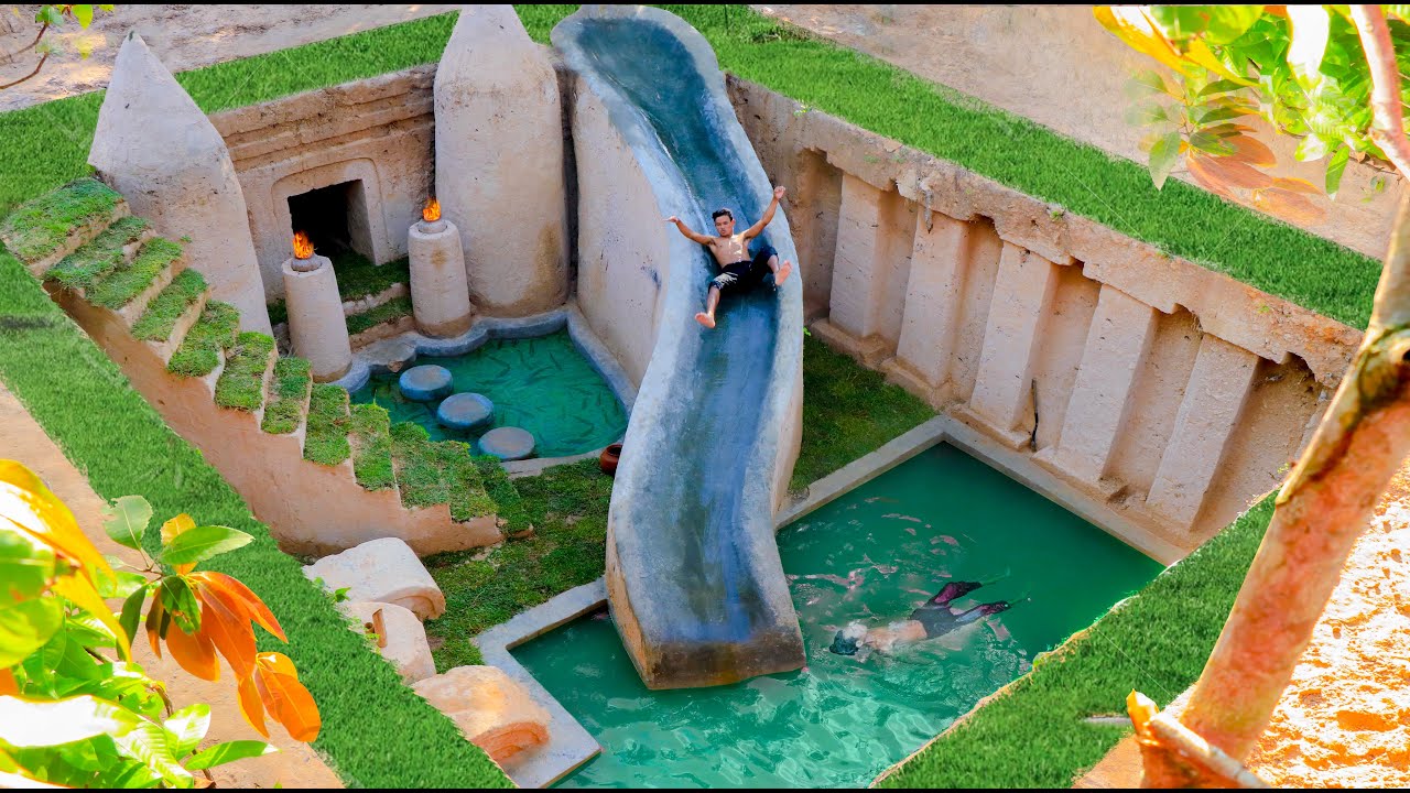 Building Cave Platinum Water Slide To Underground Swimming Pool With ...