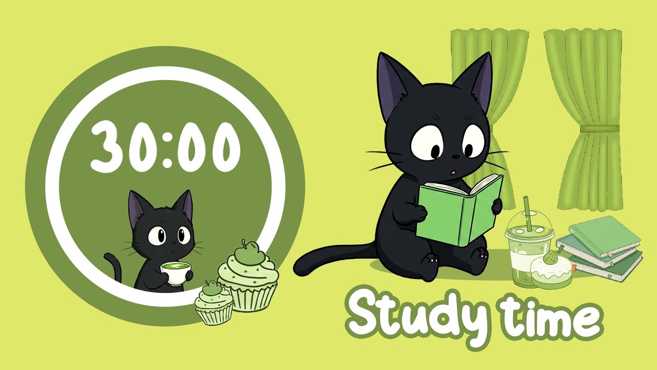 🐱 Pomodoro Cat Timer 4x30 Minutes 📖 Fresh Green Study Ambience 🌿 Cozy ...