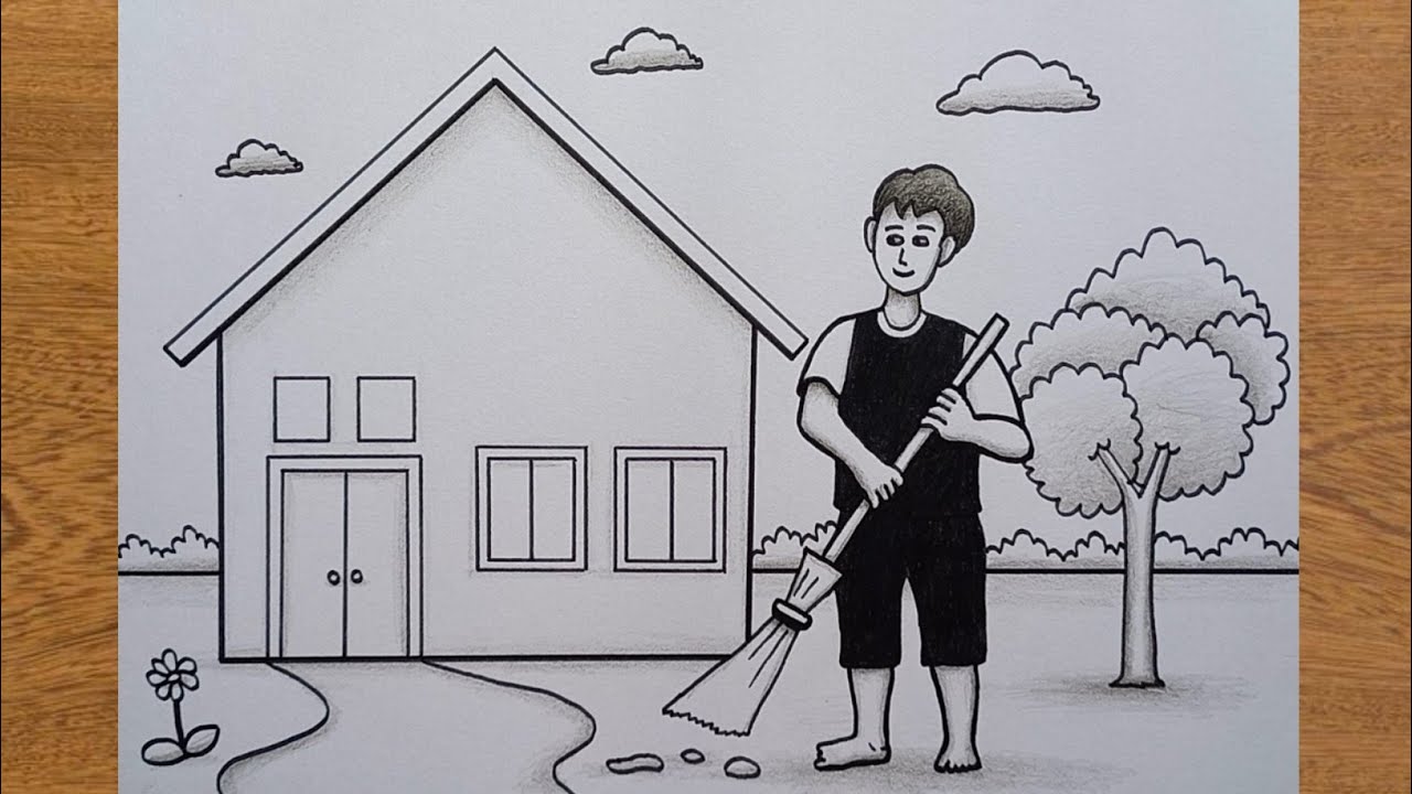 How to Draw a House | Man Sweeping the Yard | Drawing for Beginners ...