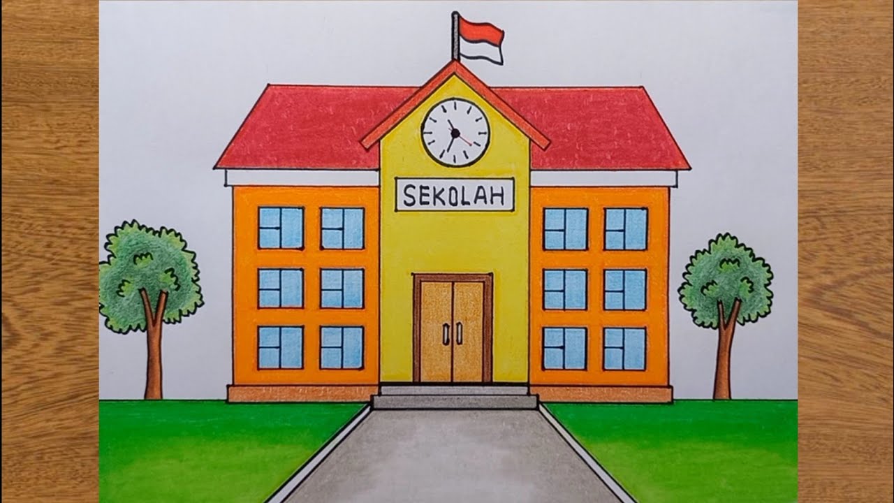 Cara menggambar sekolah yang bagus dan mudah || Menggambar sekolah ...