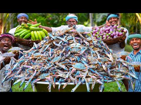 SPICY CRAB FRY & CRAB GRAVY | Brinjal & Raw Banana Mixed Village Style Seafood Recipe Cooking Eating