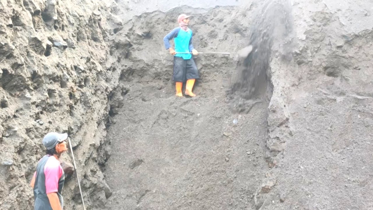 As miners scrape away black sand on the cliffs, other miners remove ...