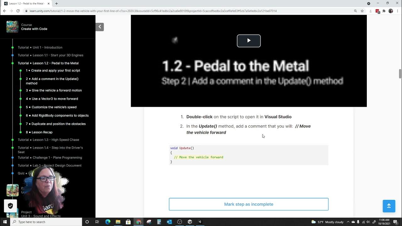 Unity Create With Code Unit 1 Lesson 121 124 Add Script And Move The Vehicle Forward Vid 1