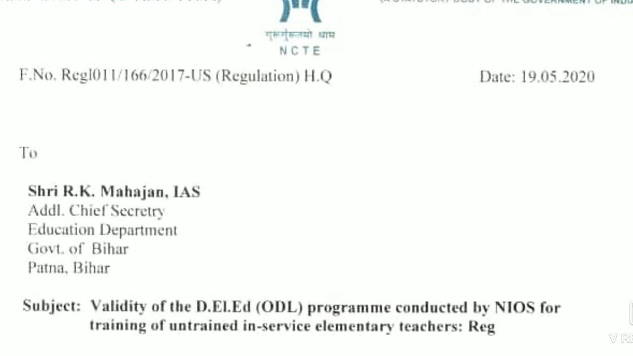 Official Letter of NCTE Related to NIOS D.El.Ed.'s Validity in ...