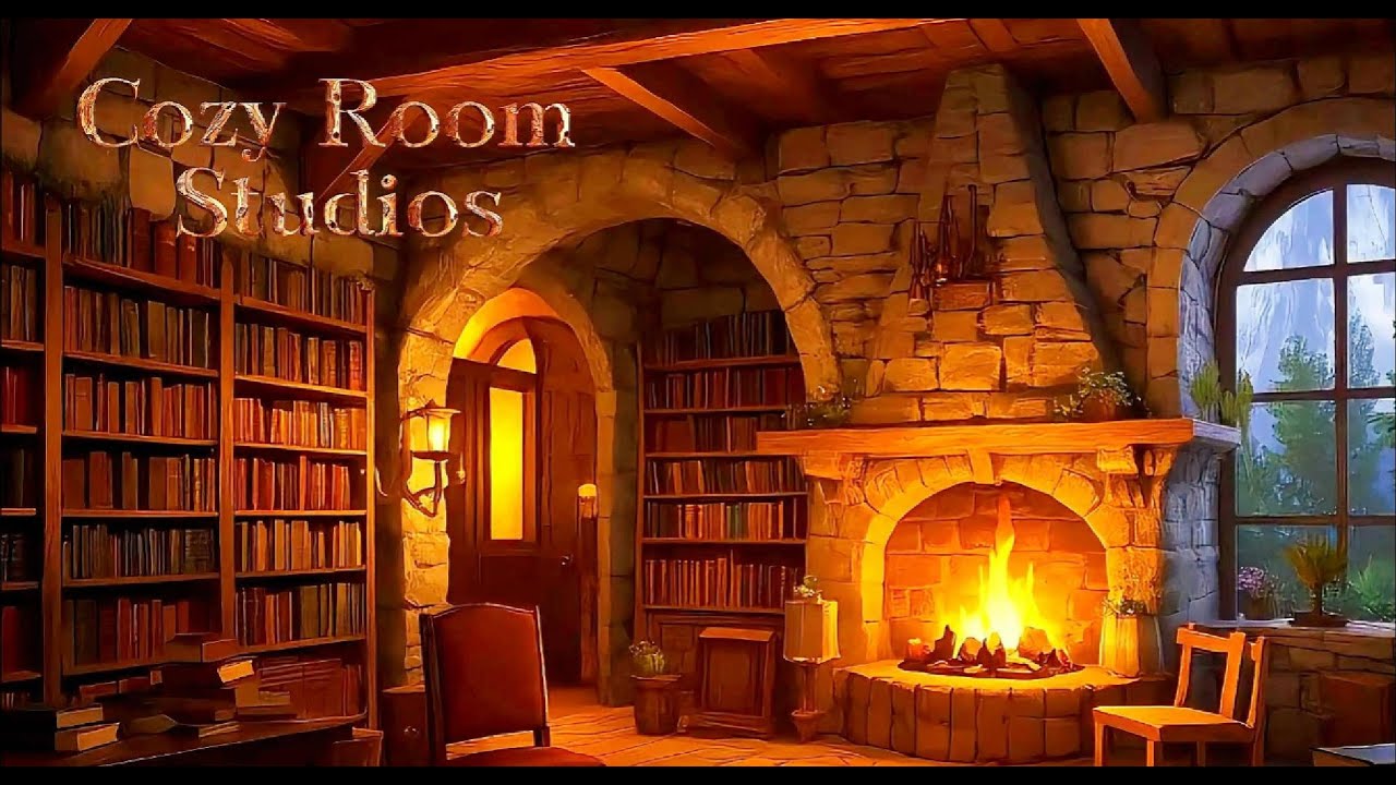 📚 Cozy Hobbit Library with Crackling Fireplace & Rain Sounds Ultimate ...