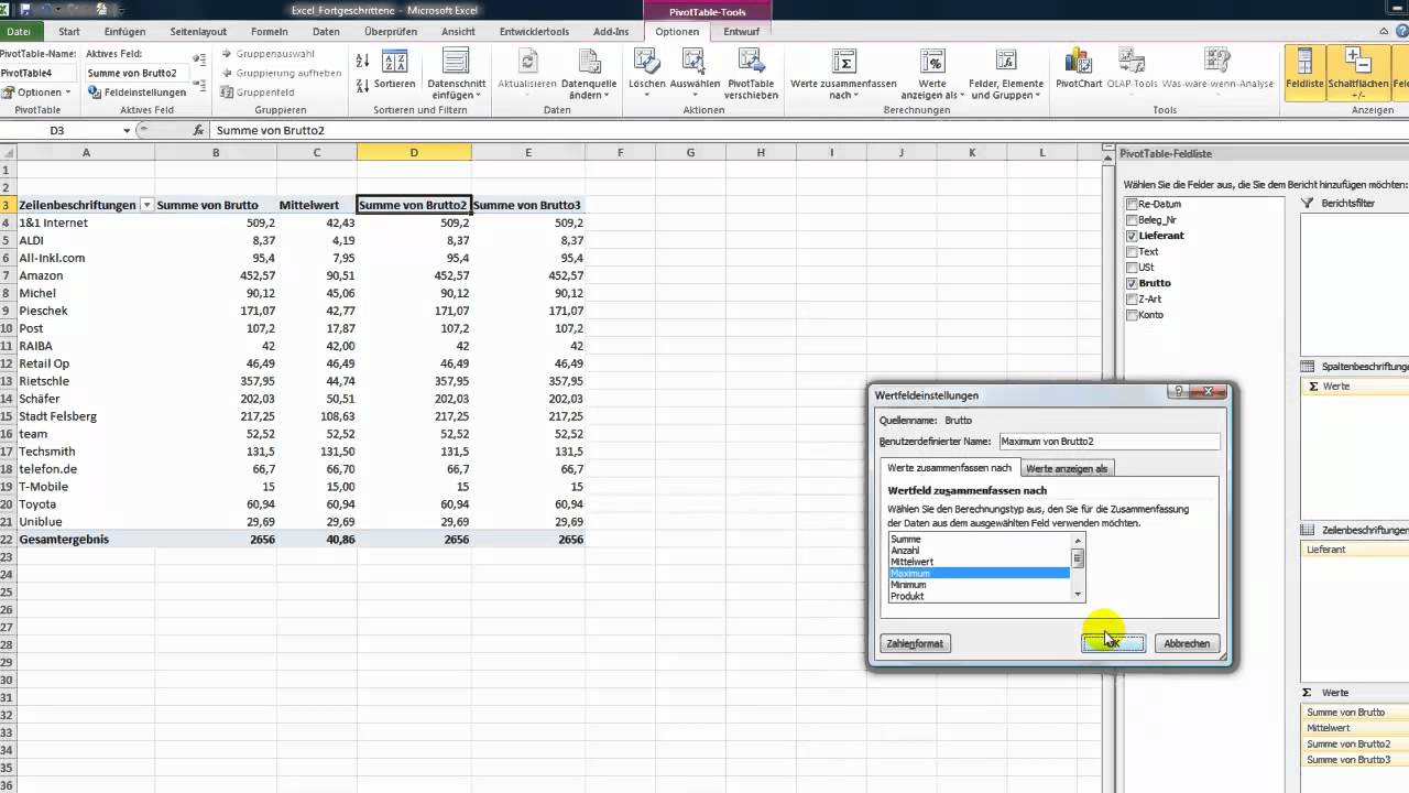 Pivot-Tabellen Teil 2 von 3 - YouTube