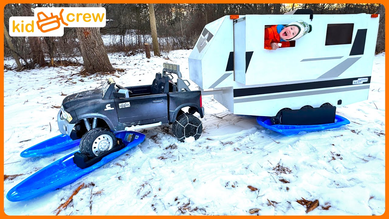 Winter camping adventure with kids RV trailer and ride on truck, ice ...