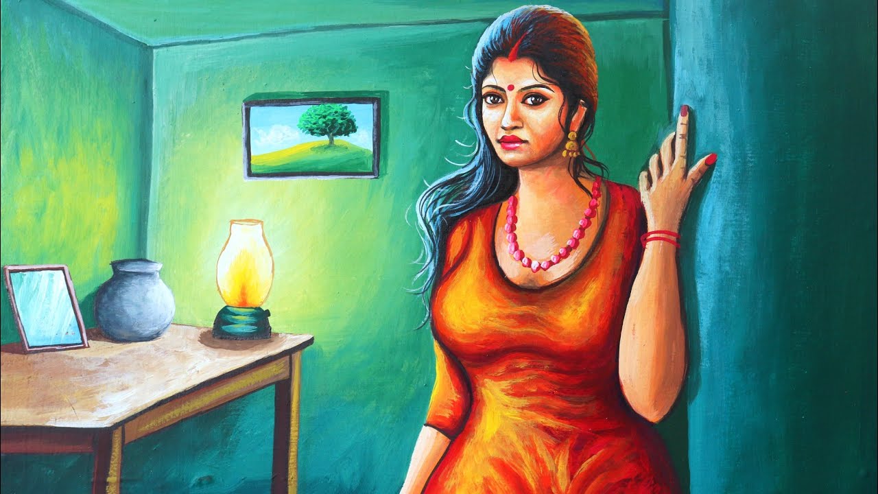Painting of a beautiful indian woman in the house | indoor painting ...