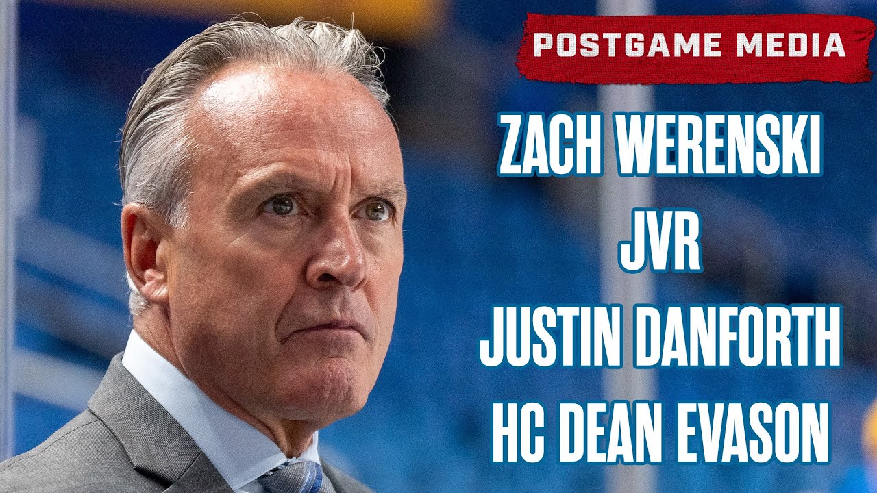 Zach Werenski, JVR, Justin Danforth and Head Coach Dean Evason, CBJ vs ...