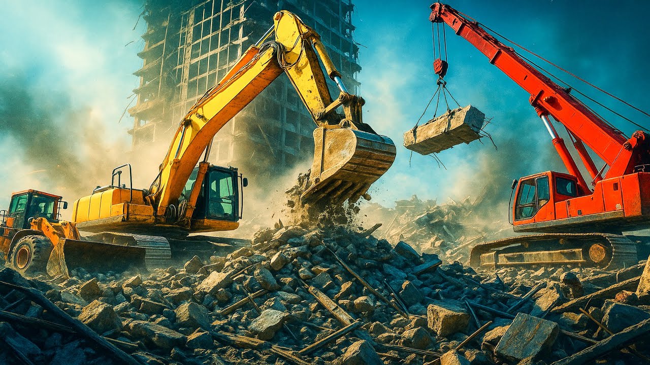 Excavator & Bulldozer Demolish the Massive High-Rise Tower ...