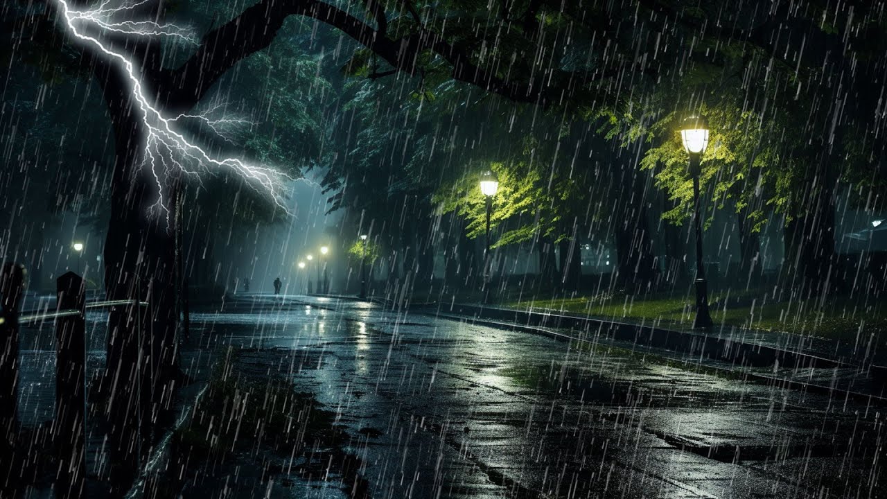 Heavy rain & thunder path in park at night - Nature's nighttime ...