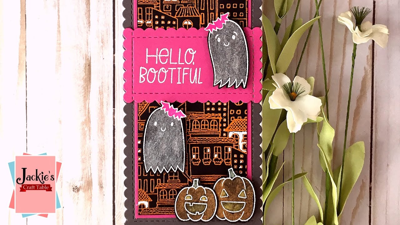 Hello Bootiful Slimline Card using Arteza Metallic Watercolors & White Gel Pens - YouTube