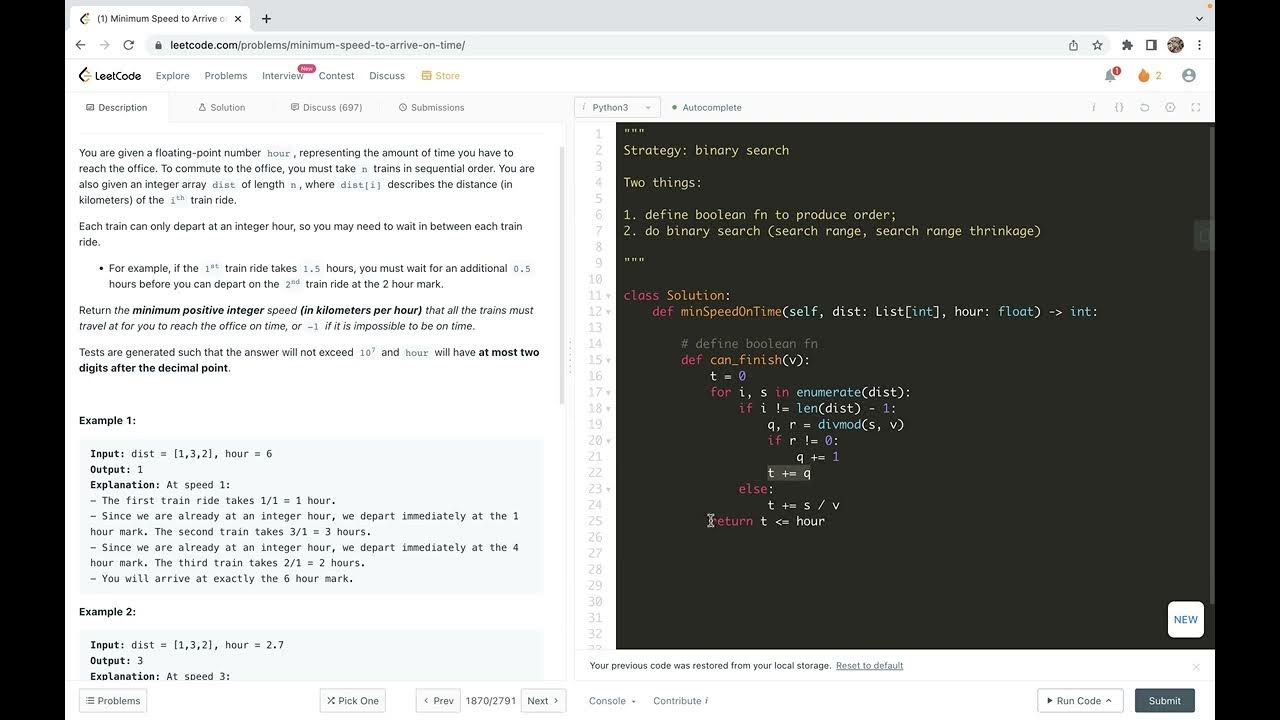 leetcode 1870. Minimum Speed to Arrive on Time - binary search - YouTube