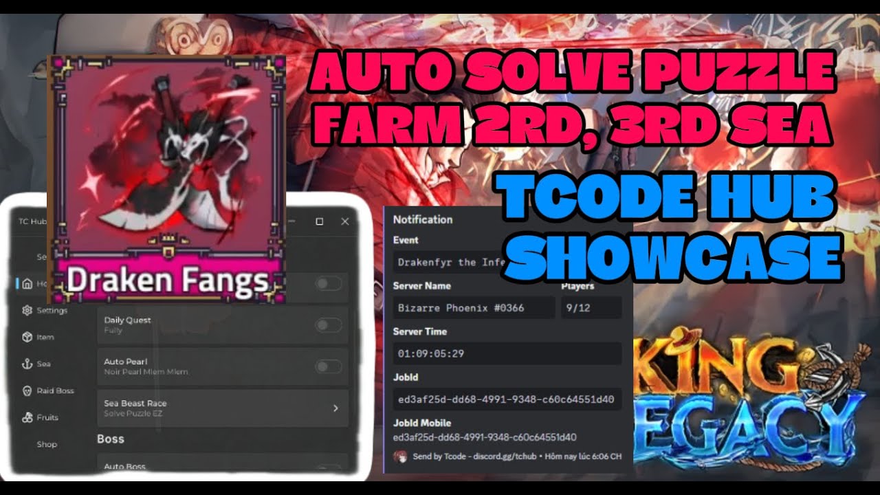 SCRIPT KING LEGACY TCODE HUB SHOWCASE | AUTO SOLVE PUZZLE , AUTO FARM DRAKEN FANGS,3RD SEA ...