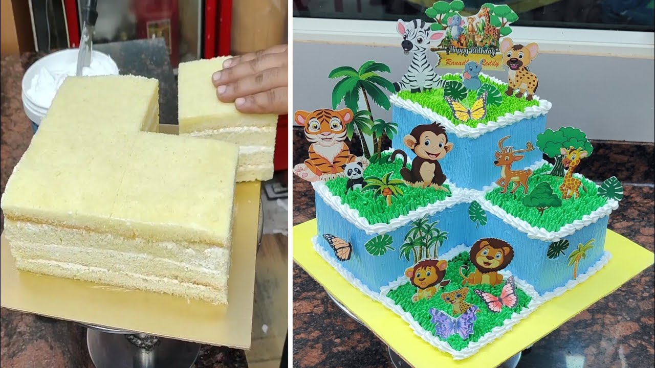 How To Make Jhangal Theme Cake Design | Square Step Cake Design ...