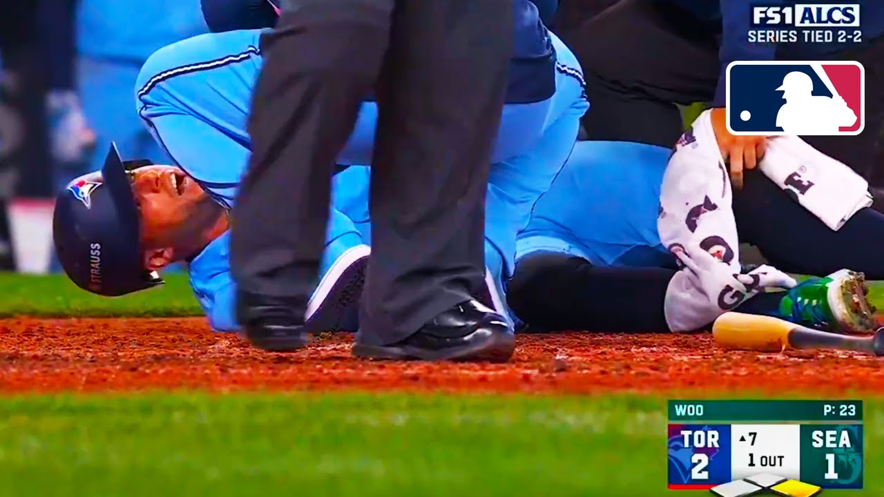 George Springer Injury Hit By Pitch on knee by Bryan Woo | Mariners v ...