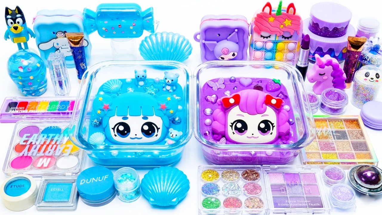 BLUE X PURPLE 💜 Mixing Makeup + Glitter Into Clear Slime 💙 Satisfying ...