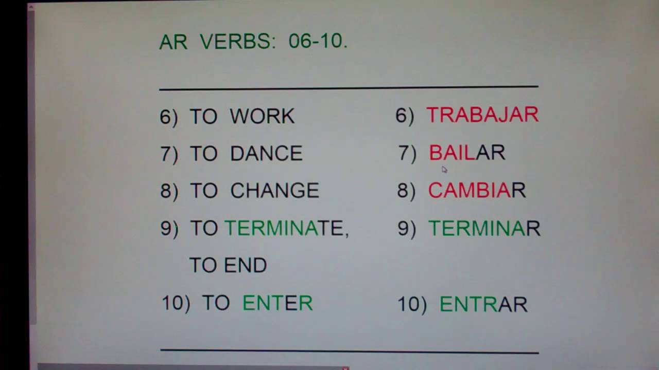 AR VERBS 06-10: trabajar, bailar, cambiar, terminar, entrar... - YouTube