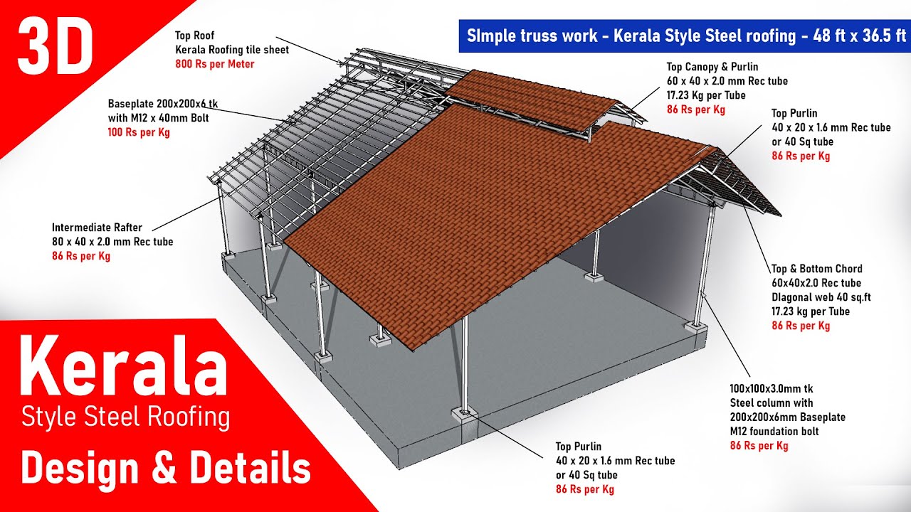 Simple Truss Work Kerala Style Steel Roofing 48 Ft X 375 Ft Youtube