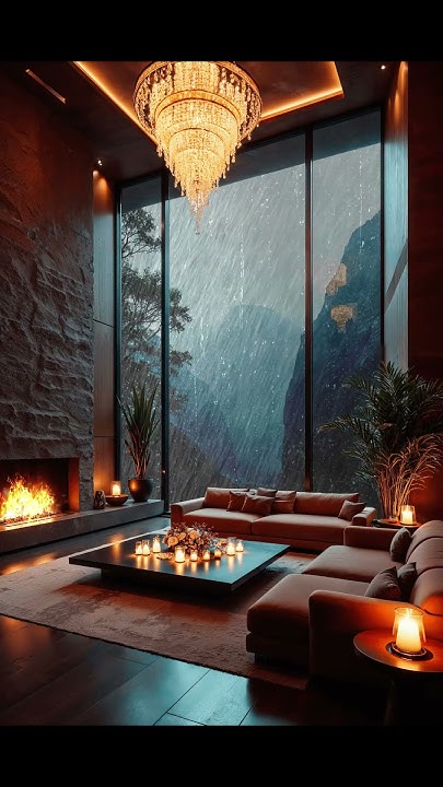 Relaxing cozy room with the fireplace burning with heavy rain hitting ...