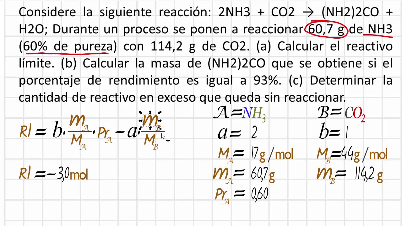 Problema estequiometrico con pureza, eficiencia, reactivo límite y ...