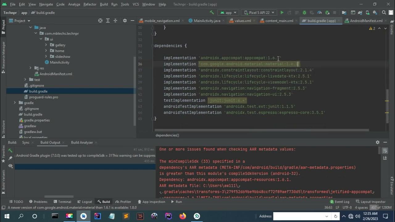 The minCompileSdk (33) specified in a dependency's AAR metadata is greater than this module's ...