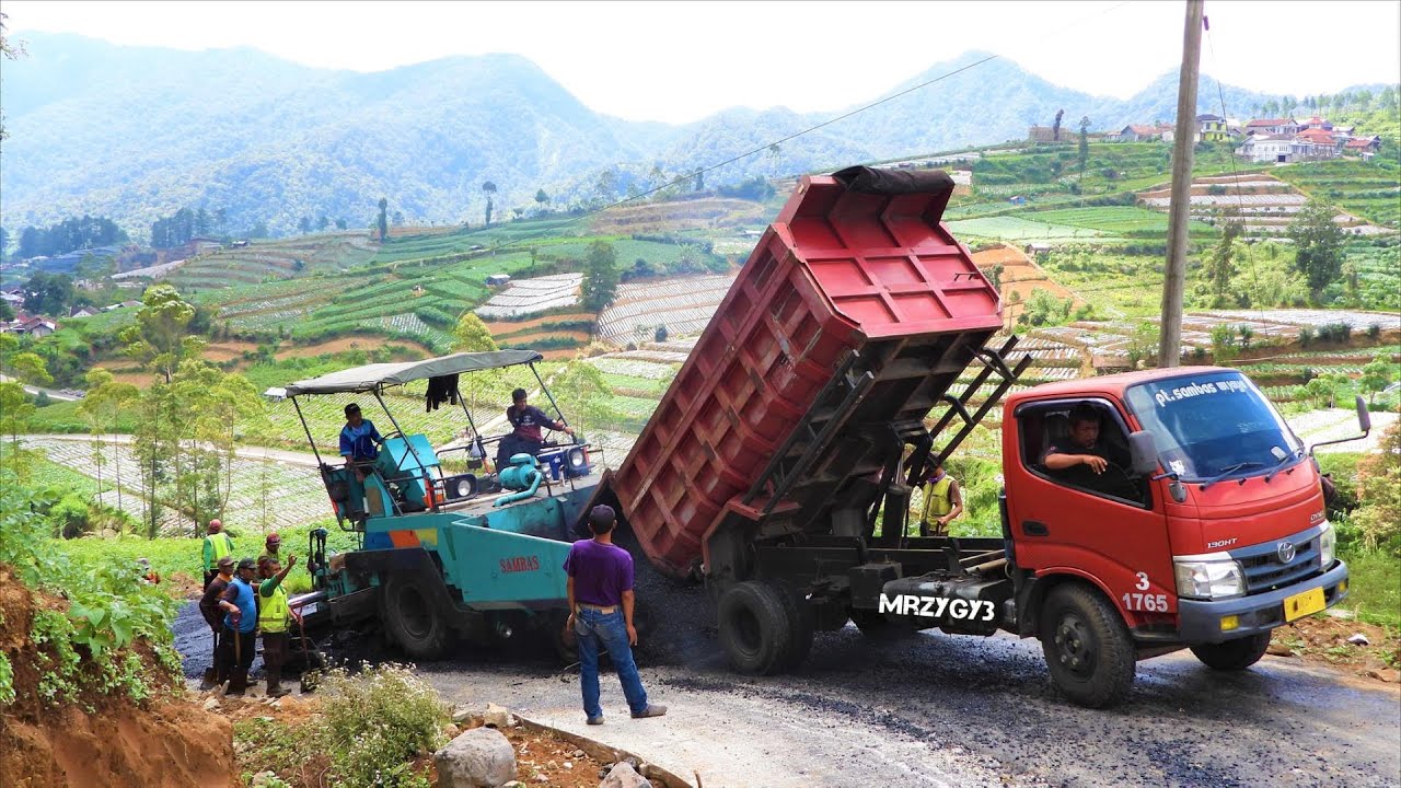 Steep Hills Road Asphalt Paving Construction By Paver Tandem Roller And ...