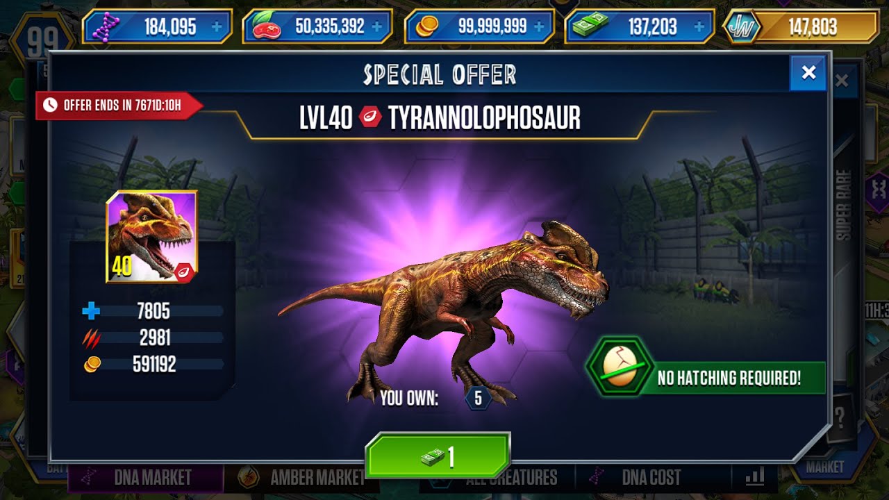 1 CASH TYRANNOLOPHOSAUR LEVEL 40 | Jurassic World: The Game - YouTube