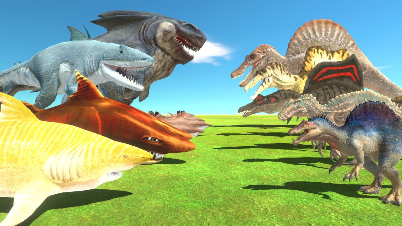 Spinosaurus War - Shark of Evolution VS Spinosaurus Family - Animal Revolt Battle Simulator ...