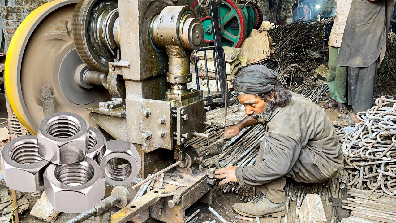 Production Of Hex Nuts From Old Iron Rusty Rods In Local Factory ...
