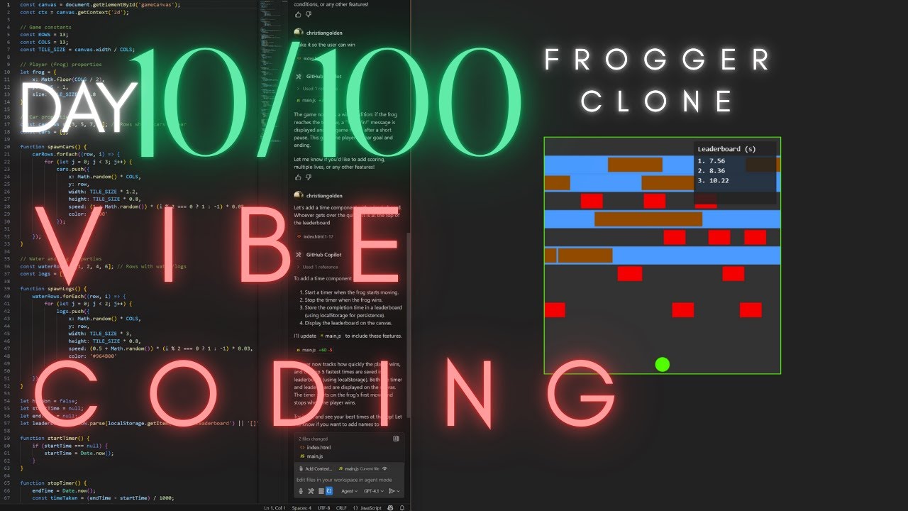 AI Codes a JavaScript Frogger Clone! (100 Days of Vibe Coding - Day 10) Copilot GPT 4.1 Agent ...