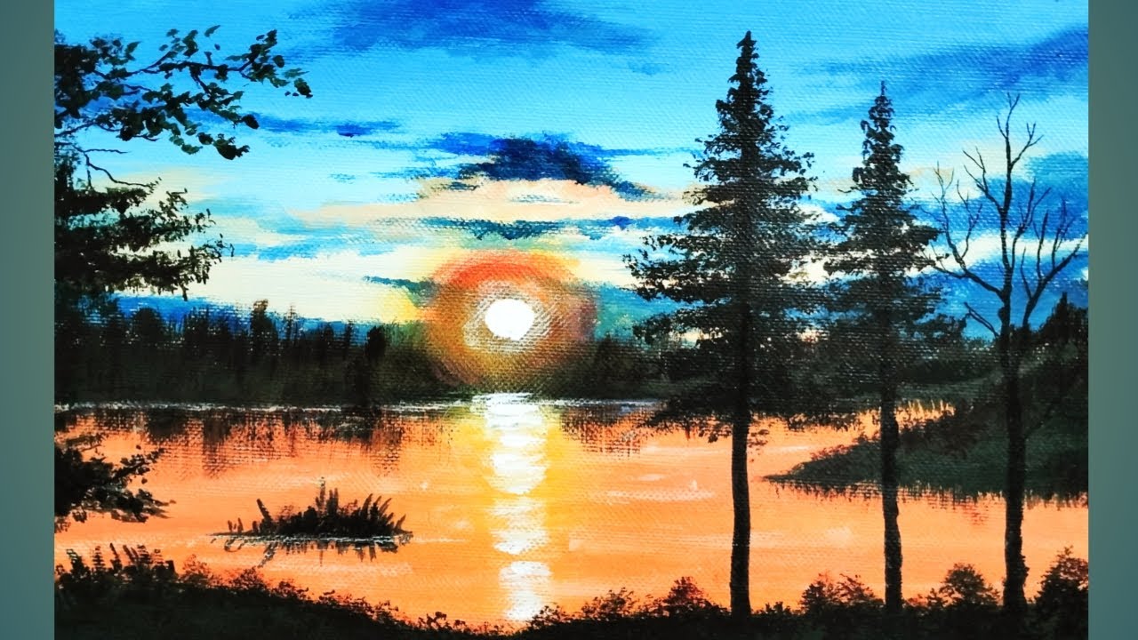 How to Draw a Sunset Lake Landscape by Acrylic | Easy for Beginner ...