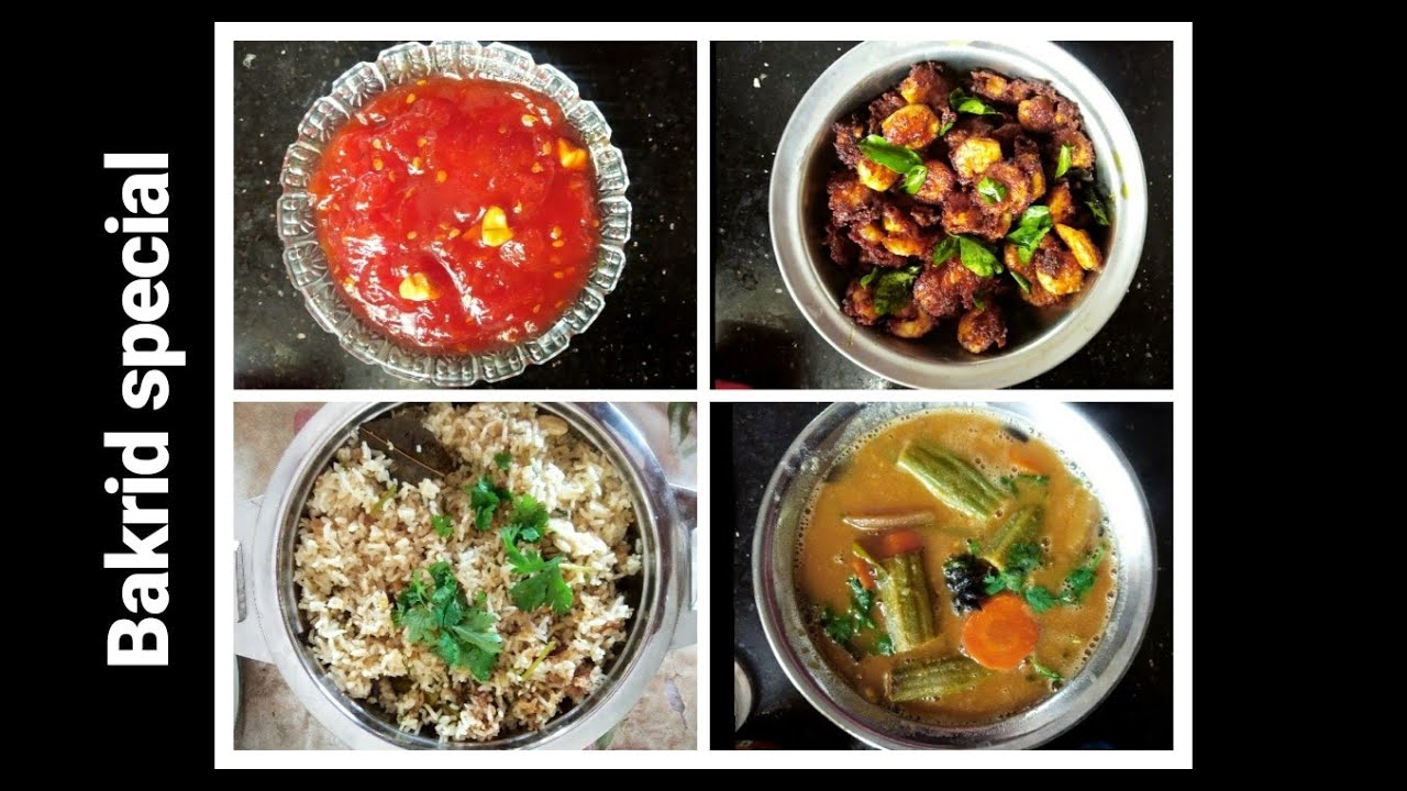 Ghee rice, vegetable dalcha, sweet tomato pachadi and prawn fry ...