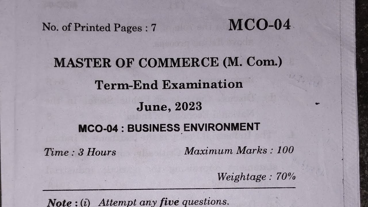 MCO-04 BUSINESS ENVIRONMENT QUESTION PAPER 2023 MCO-04 QUESTION PAPER ...