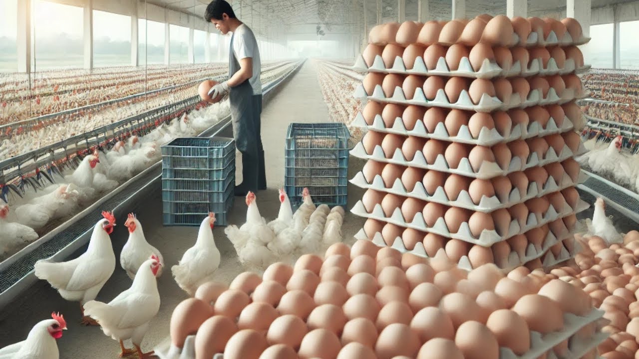 Daily work at the egg farm, feeding the chickens, collecting eggs ...