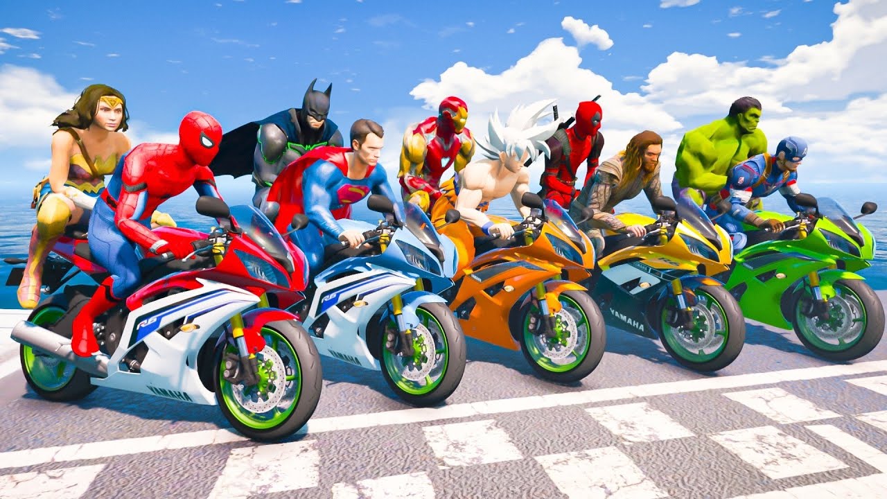 RACING SUPERHERO MOTORCYCLE RAMP CHALLENGE - THROUGH THE BIG BALL WALL ...