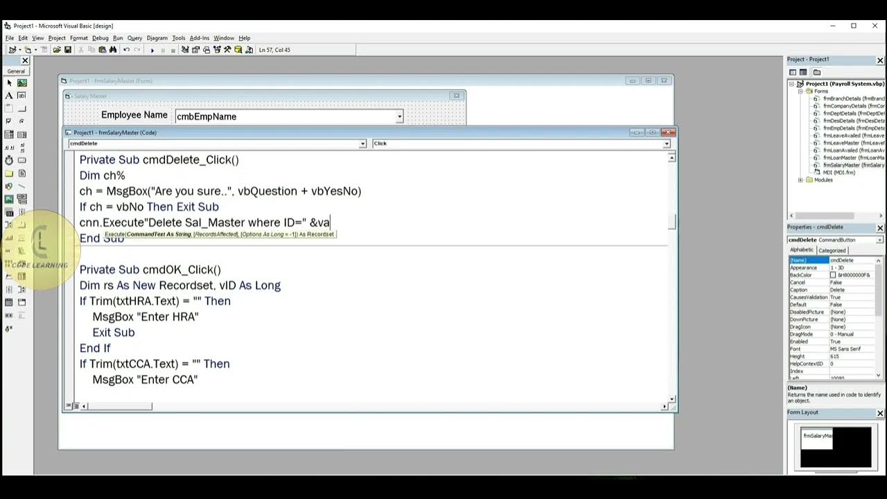 Visual basic 6.0 | Payroll Project 'frmSalaryMaster - delete data' | CodeLearning - YouTube