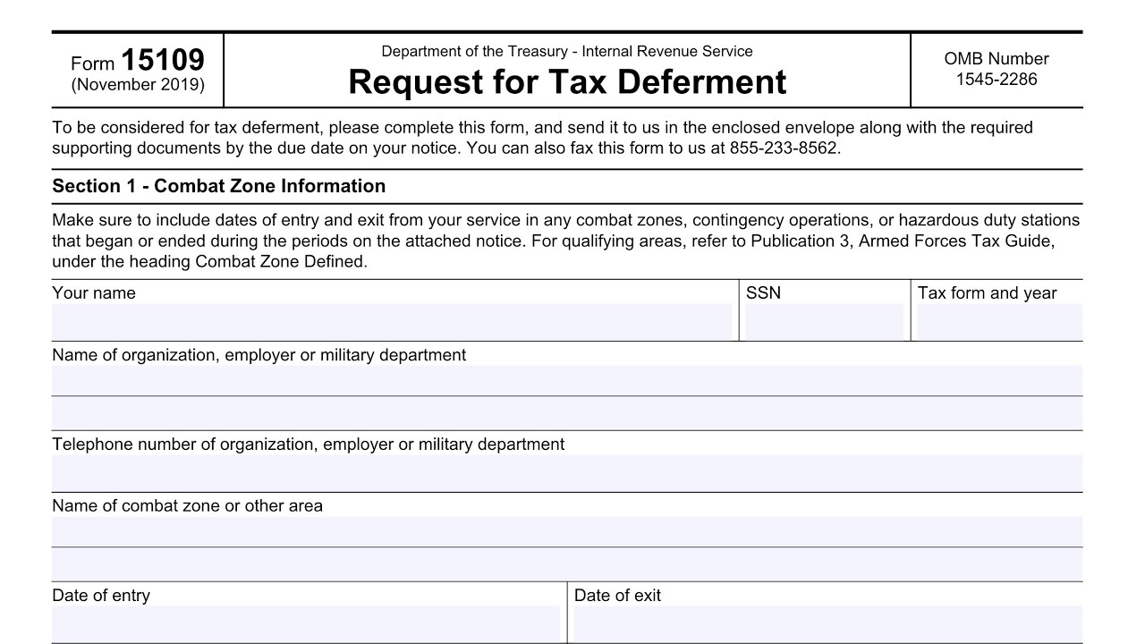 IRS Form 15109 walkthrough (Request for Tax Deferment) - YouTube