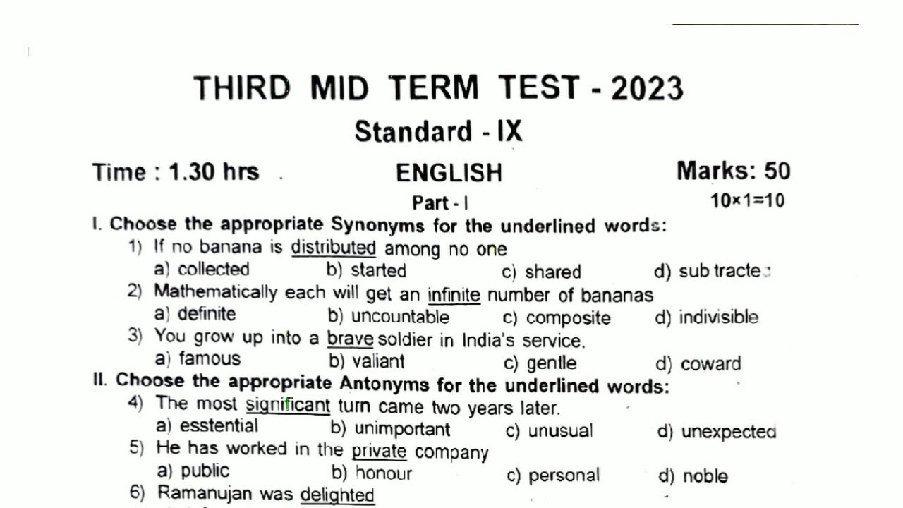9th english Third midterm exam question paper 2024 | Model question paper 2024 - YouTube