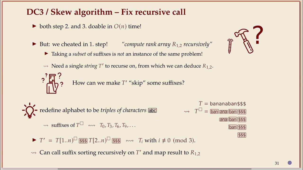 COMP526 (Spring 2022) 6-8 §6.7 Linear time suffix sorting - DC3 recursion - YouTube