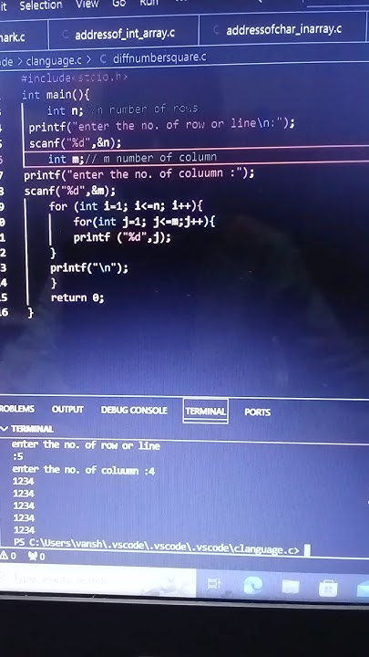 Number square pattern printing in c language vs code#shortsfeed #coding #cprogramming - YouTube