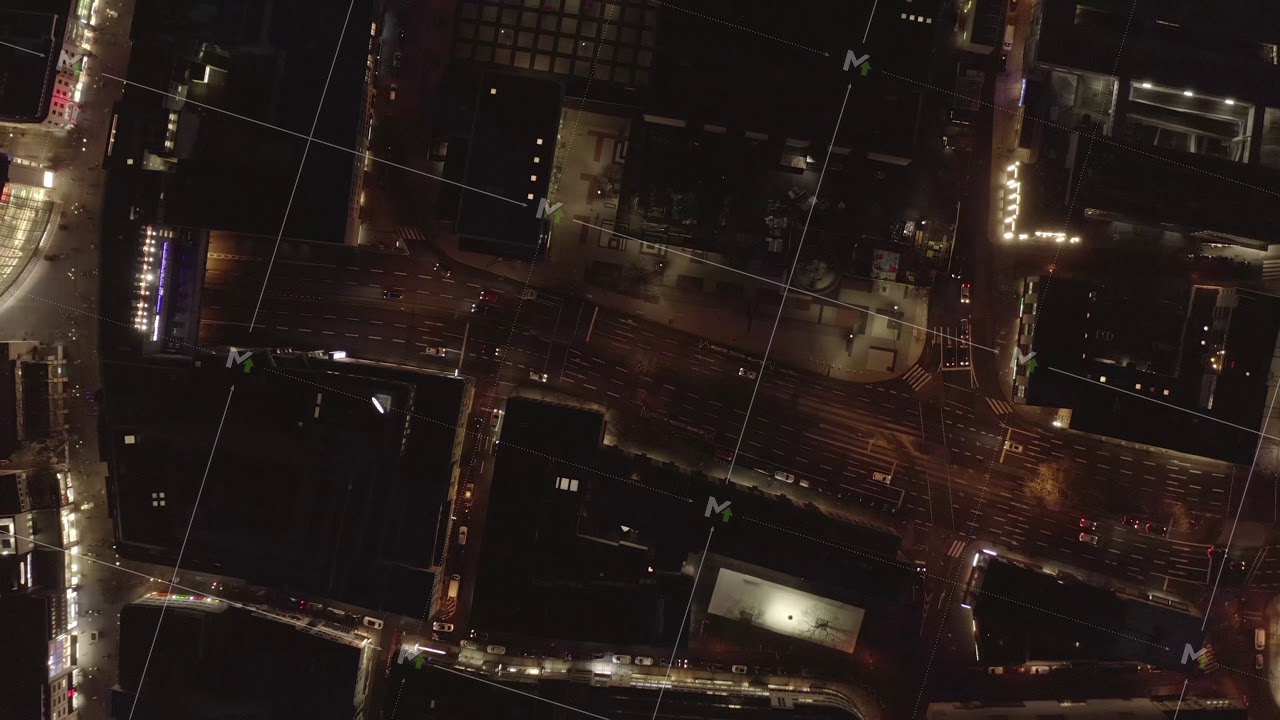 AERIAL: Slow Overhead Shot of City at Night with Lights and Traffic ...