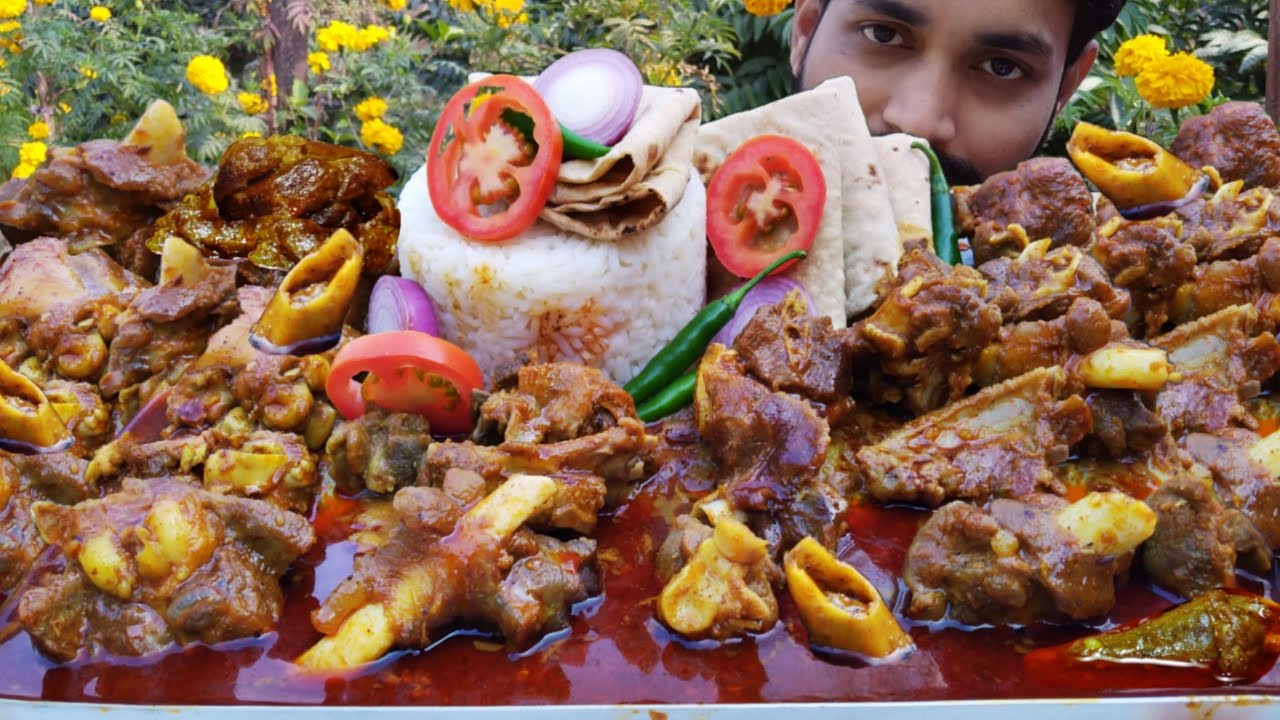 Outdoor - Mutton Curry, Mutton Kasha, Rice, Roti Eating | Spicy Oily ...