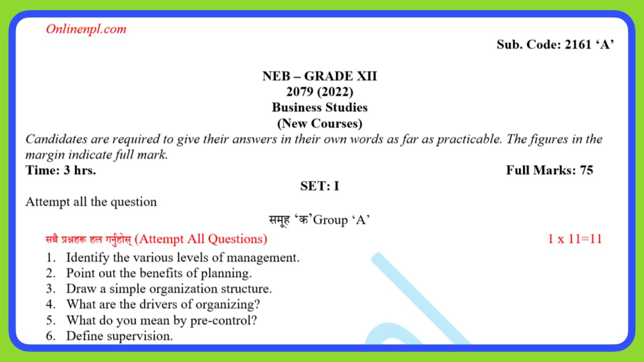 Class 12 Business Studies 2079 NEB Board Exam Question Paper | Based on ...