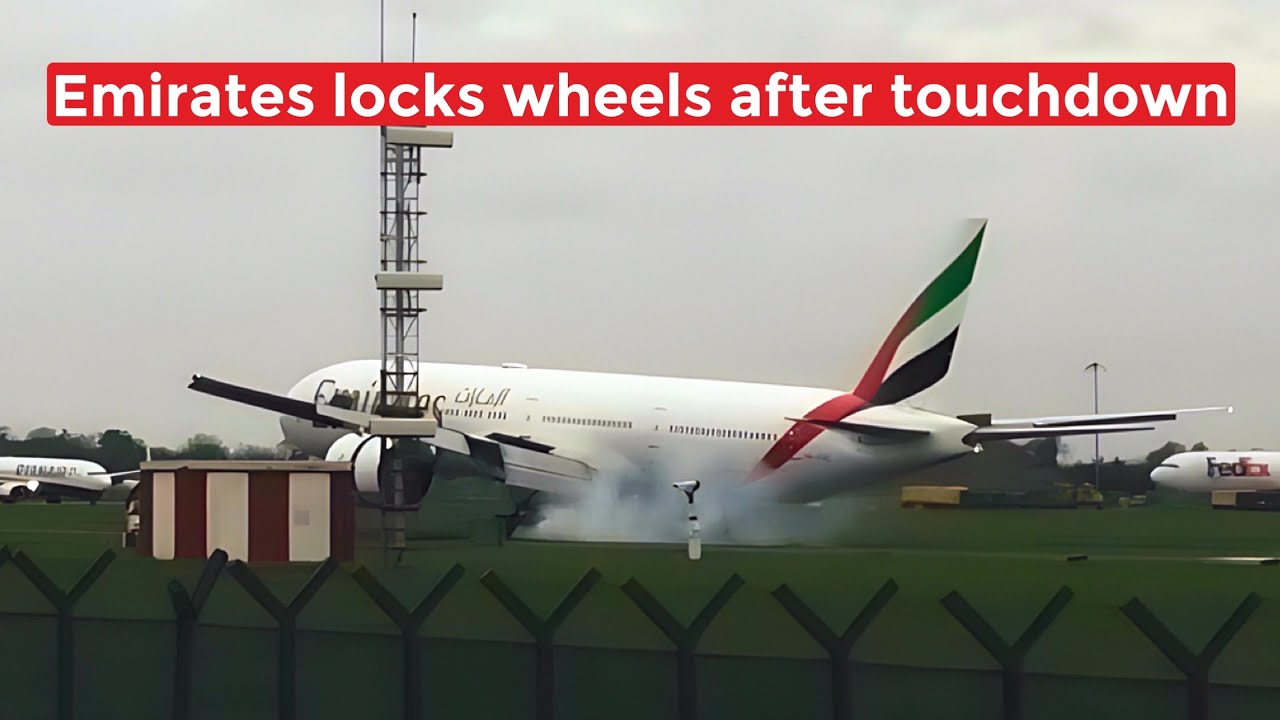 Emirates B777 locks wheels after touchdown #aviation #airplane # ...