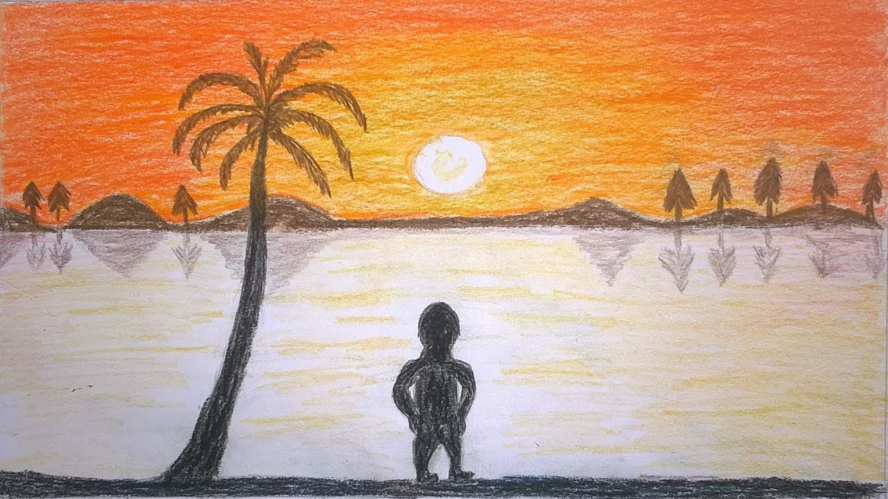 How to draw scenery of sunset step by step - YouTube