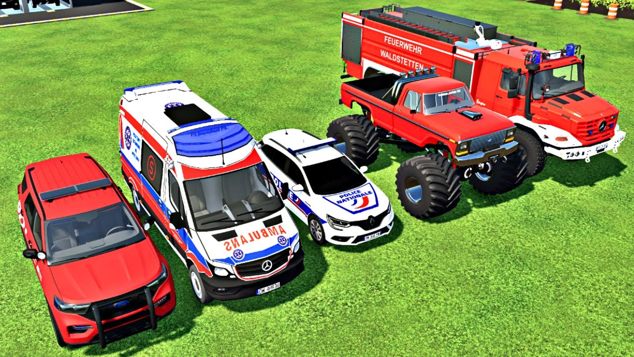 TRANSPORTING CARS, POLICE CAR, FIRE TRUCK, AMBULANCE, MONSTER TRUCKS OF ...